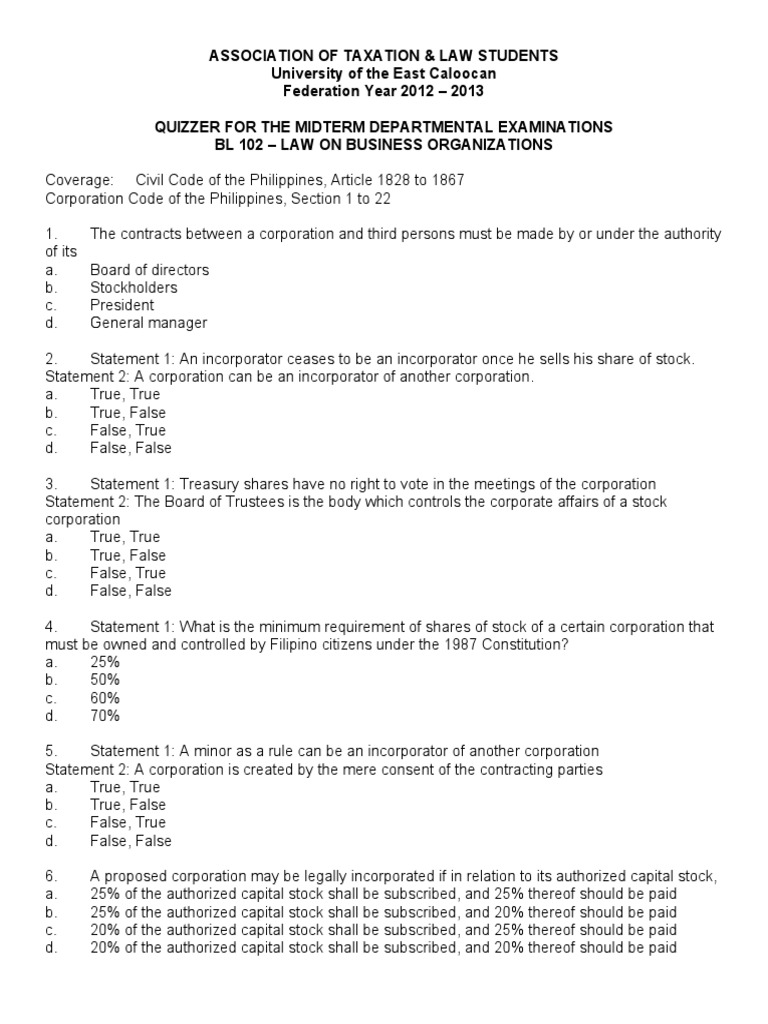 Corporation - Reviewer (MC With Answer Key) | PDF | Corporations ...