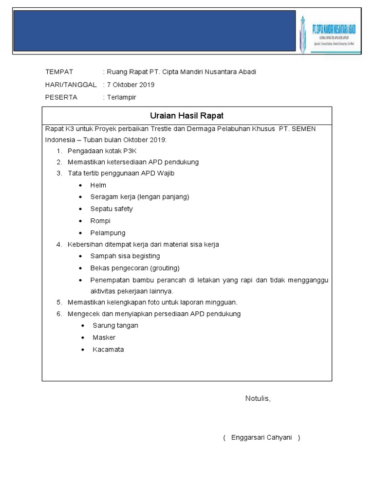 NOTULEN RAPAT K3 PT CMNA (7 Oktober 2019) | PDF