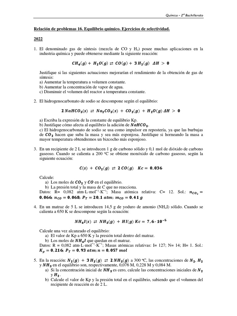Relación de Problemas 13. Equilibrio Químico. Ejercicios de Selectividad | Descargar gratis PDF ...