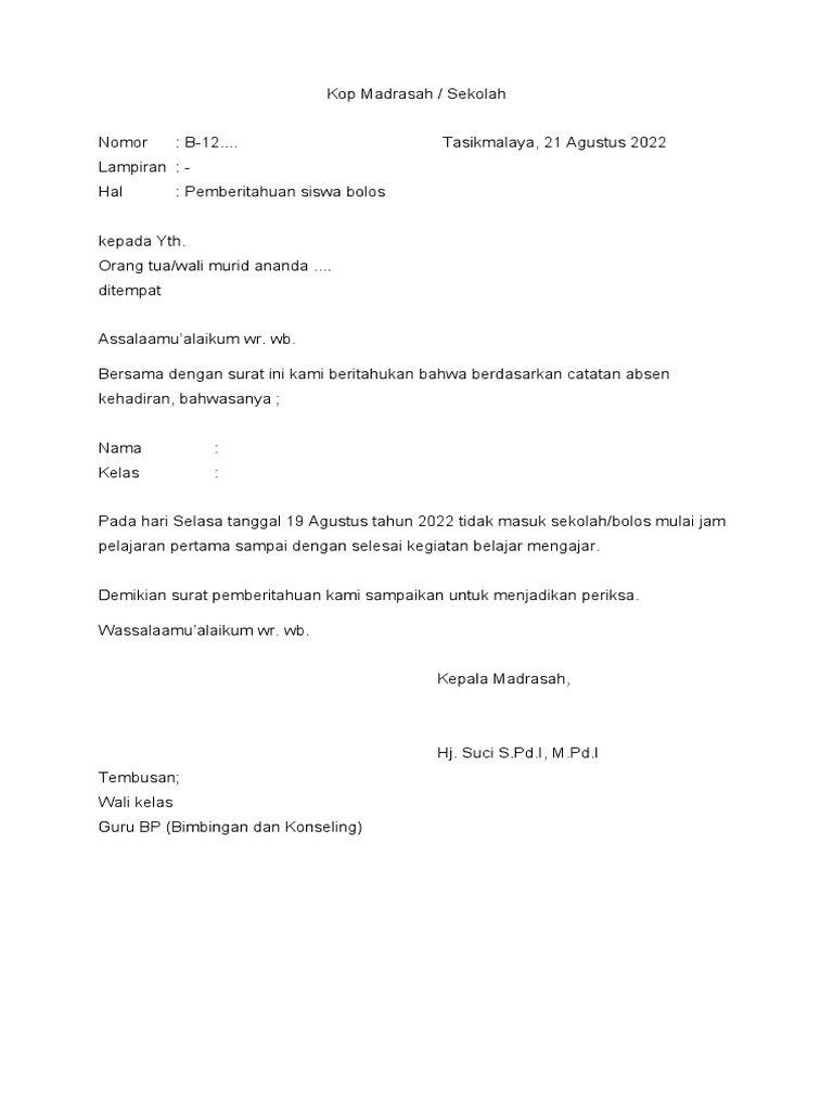 Pemberitahuan Siswa Bolos Sekolah | PDF