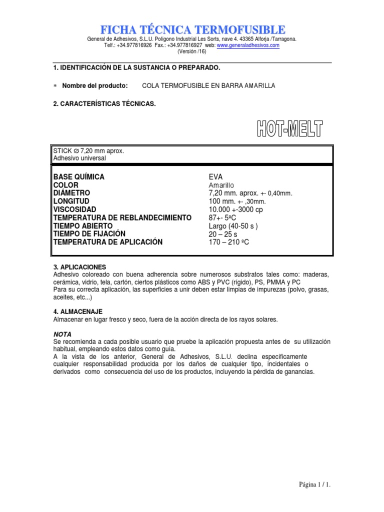 Tecnica-Ficha - Tecnica Termofusible Amarillo v.16 | PDF