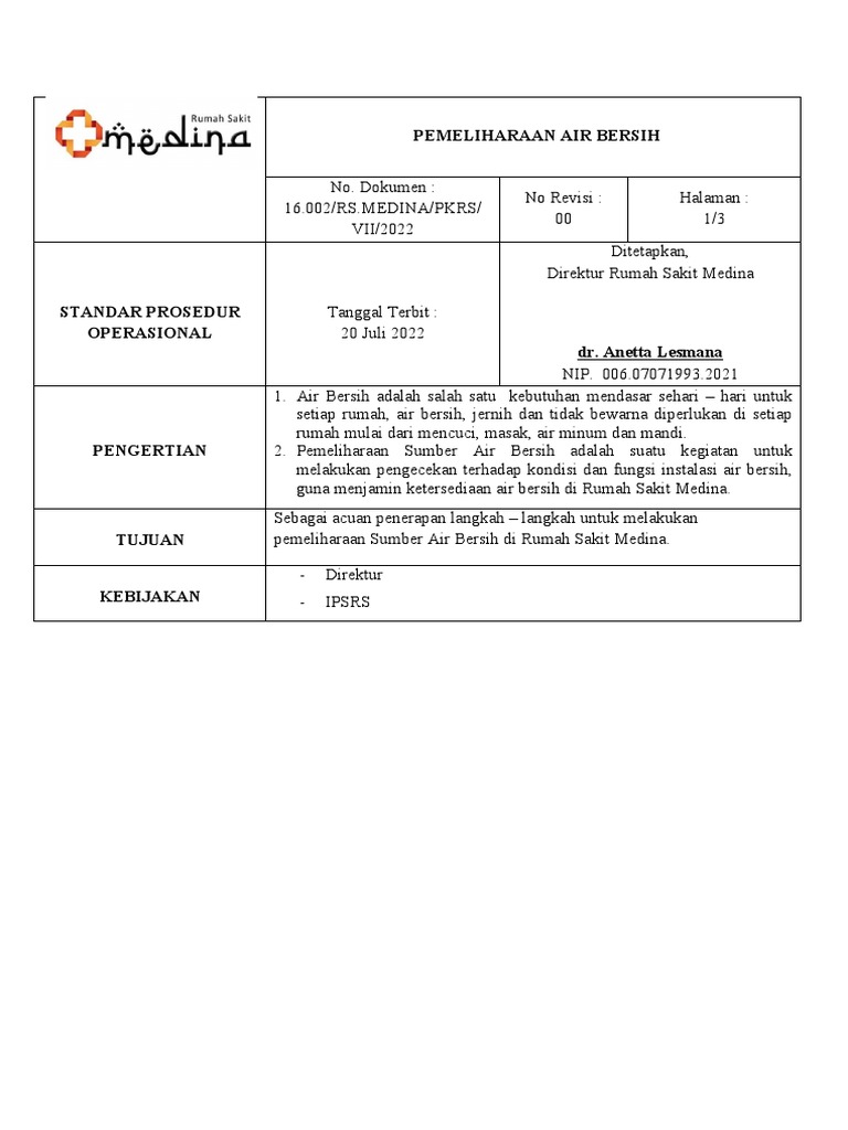 SPO Pemeliharaan Air Bersih | PDF | Sains & Matematika | Teknologi & Rekayasa