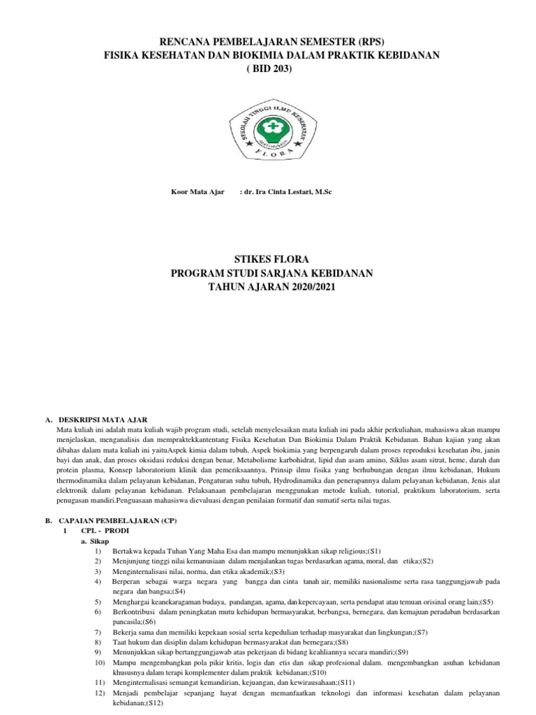 RPS Fisika Kesehatan Dan Biokimia Dalam Praktik Kebidanan PDF | PDF