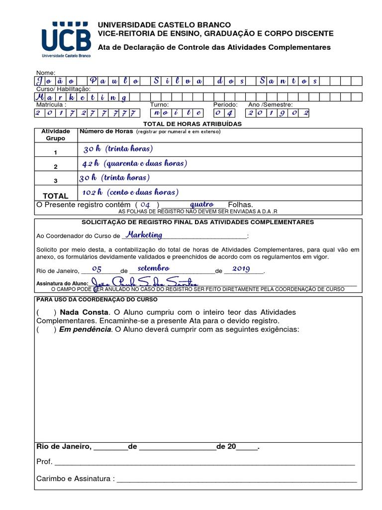 Modelo do Formulário(Exemplo) Entrega de atividades complementares presencial | PDF