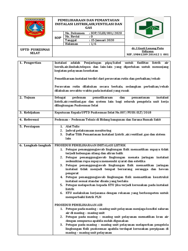 SOP Pemeliharaan Dan Pemantauan Instalasi Listrik, Air, Ventilasi, Gas Dan Sistem Lain | PDF