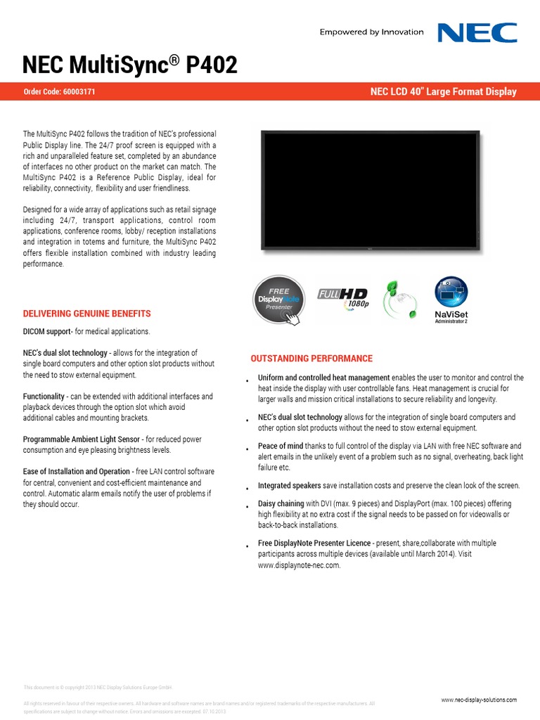 NEC Datasheet P402-English | PDF | Digital Technology | Film And Video ...