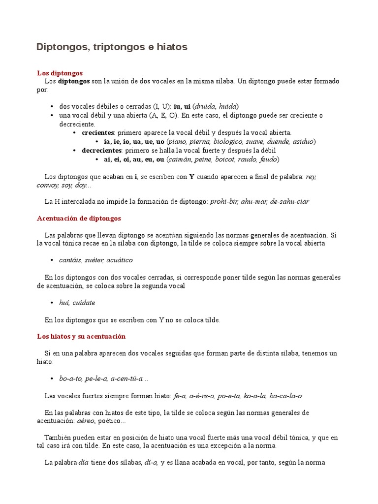 Diptongos, triptongos y hiatos explicados | PDF | Lingüística | Fonética