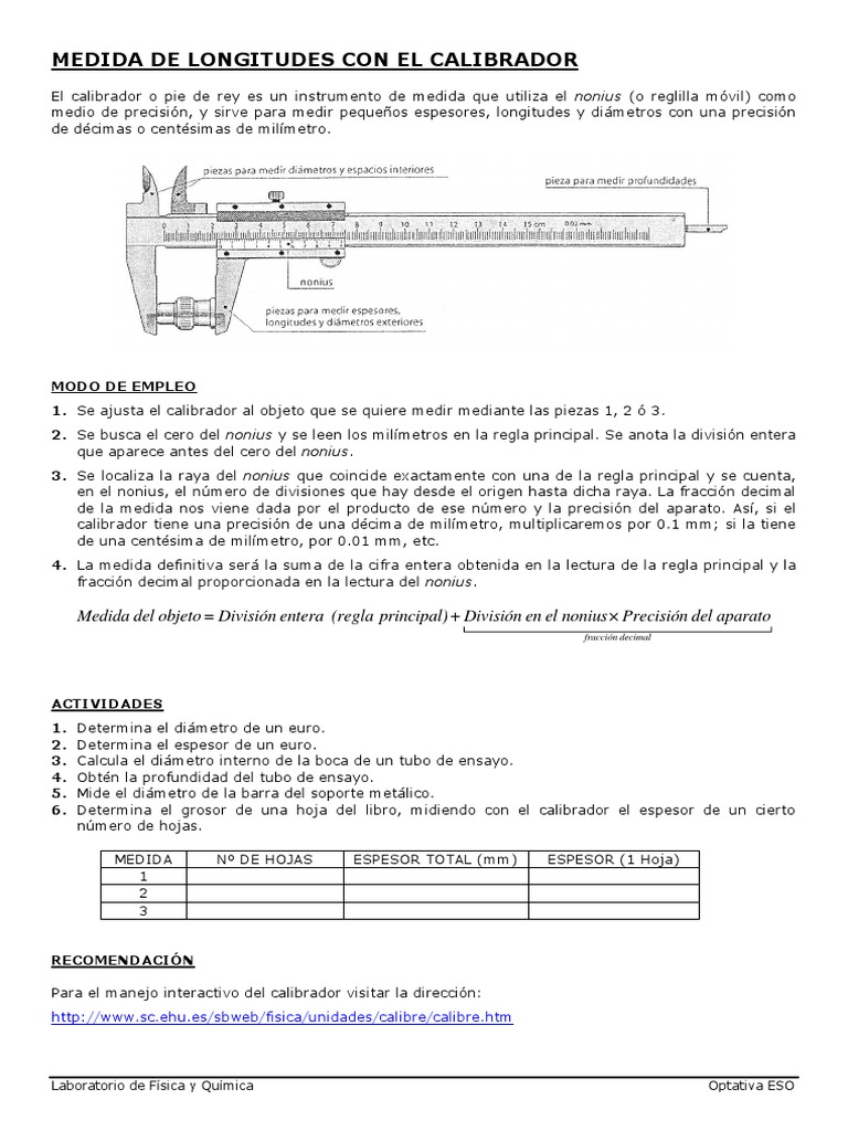 Medida de longitudes y diámetros con calibrador: instrucciones y actividades prácticas | PDF ...