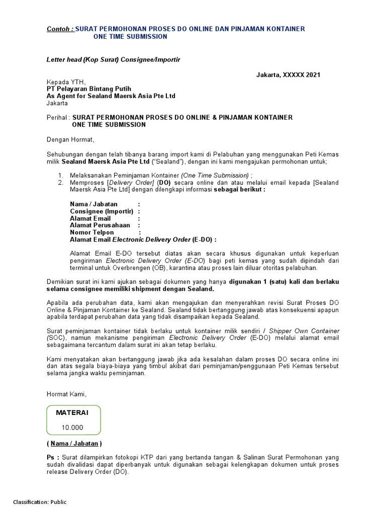 Contoh Surat Permohonan LOA Maersk | PDF