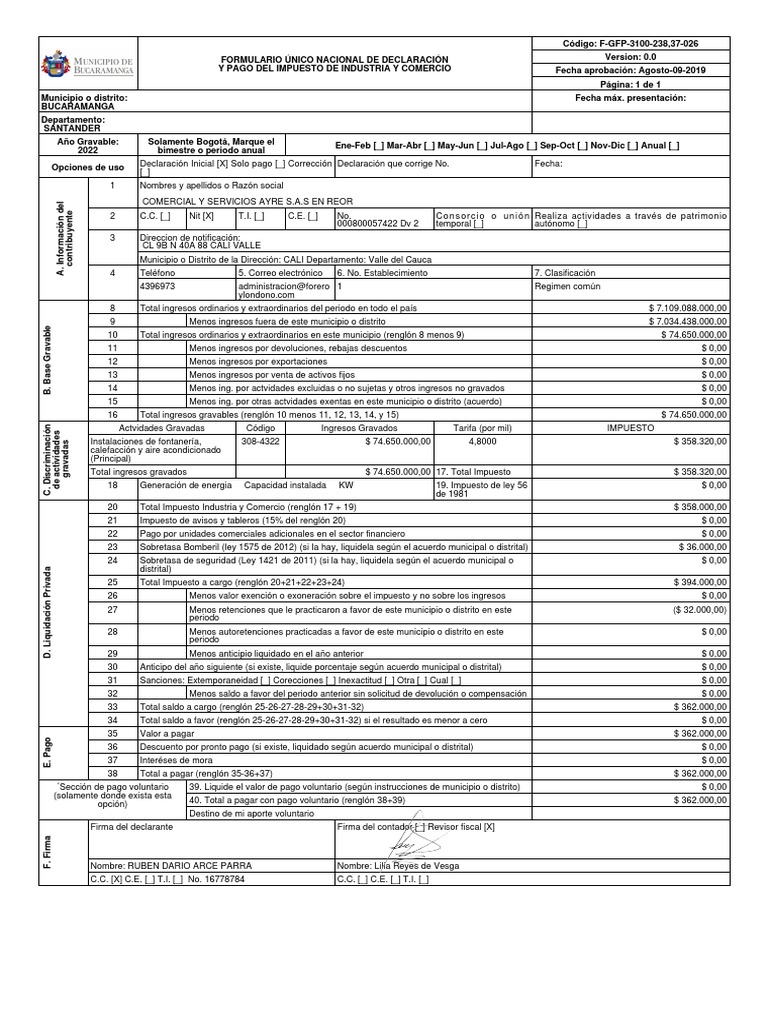 BUCARAMANGA - Declaración Ind y Cio Bucaramanga 2022 - CSAyre (1) - Signed | PDF | Impuestos ...