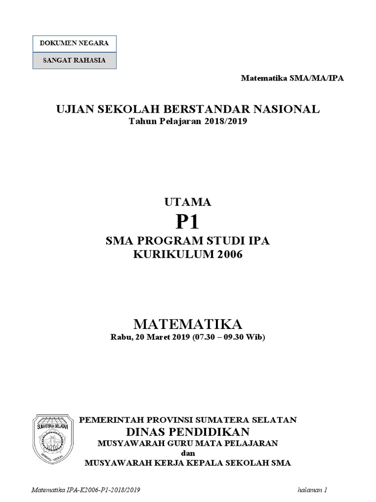 P1-Naskah Soal USBN-2019-Matematika (IPA) - Kur 2006 | PDF