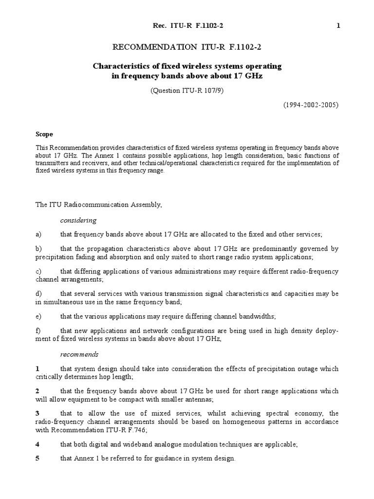 RECOMMENDATION ITU-R F.1102-2 - Characteristics of Fixed Wireless ...