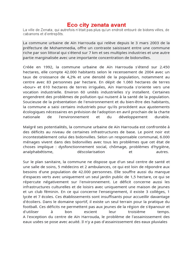 Défis urbains à Aïn Harrouda, Zenata | PDF | Bidonville