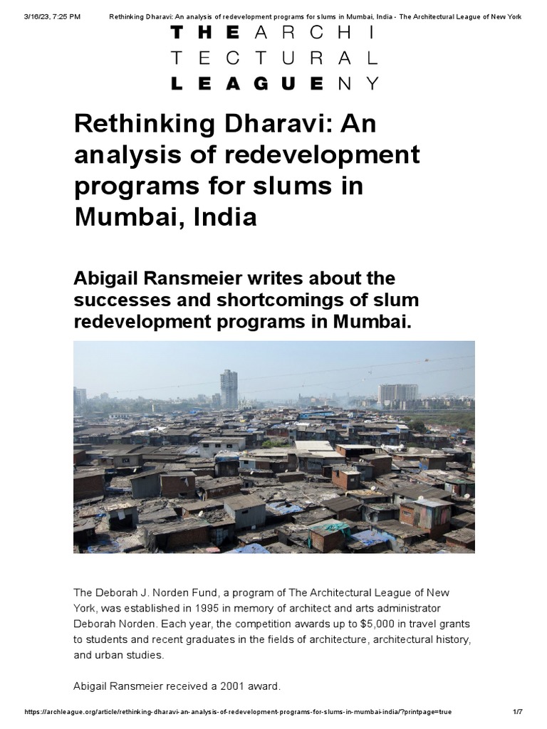 Rethinking Dharavi - An Analysis of Redevelopment Programs For Slums in Mumbai, India - The ...