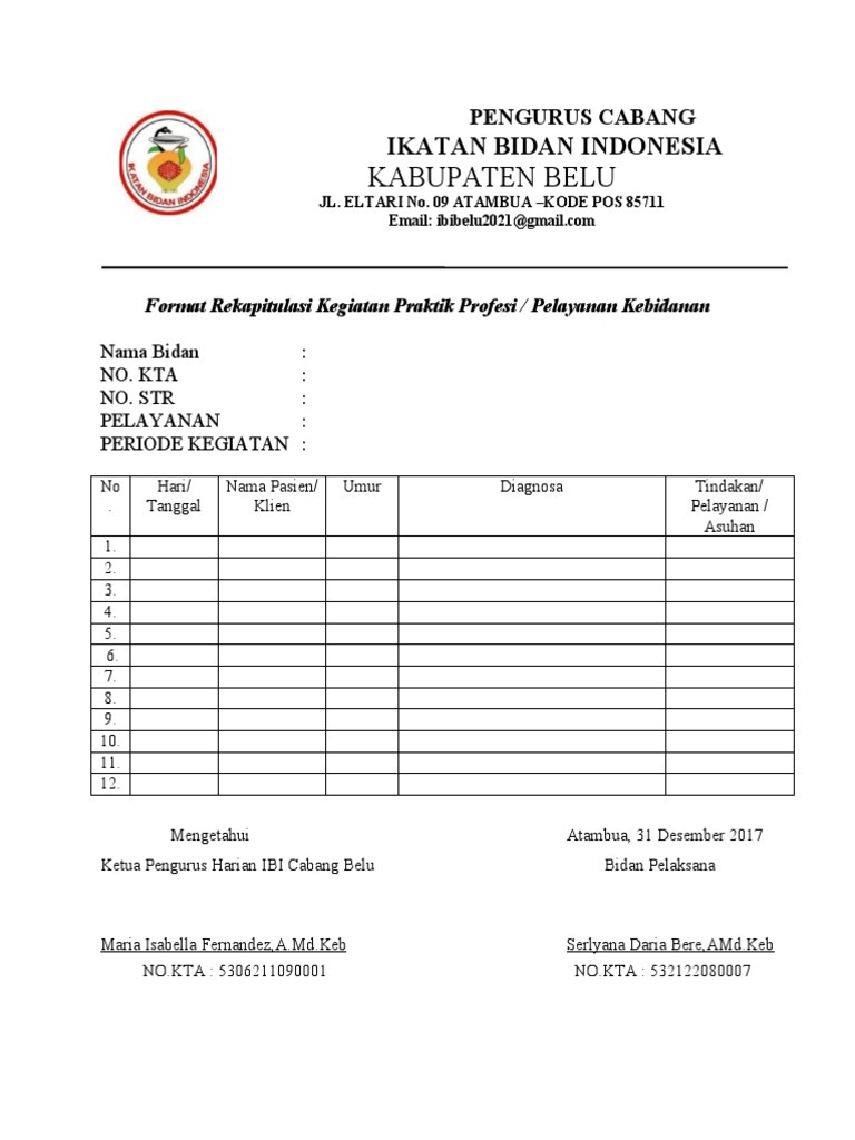 Format Rekapitulasi Praktik Kebidanan BELU | PDF