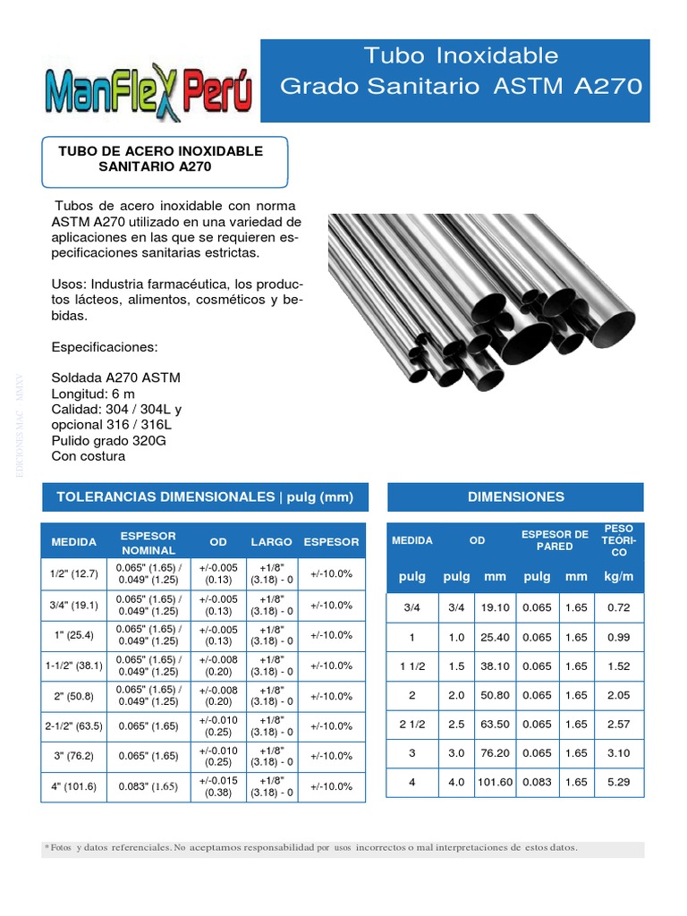 FICHA TECNICA TUBOS ACERO INOX 270.pdf | PDF | Acero | Hierro
