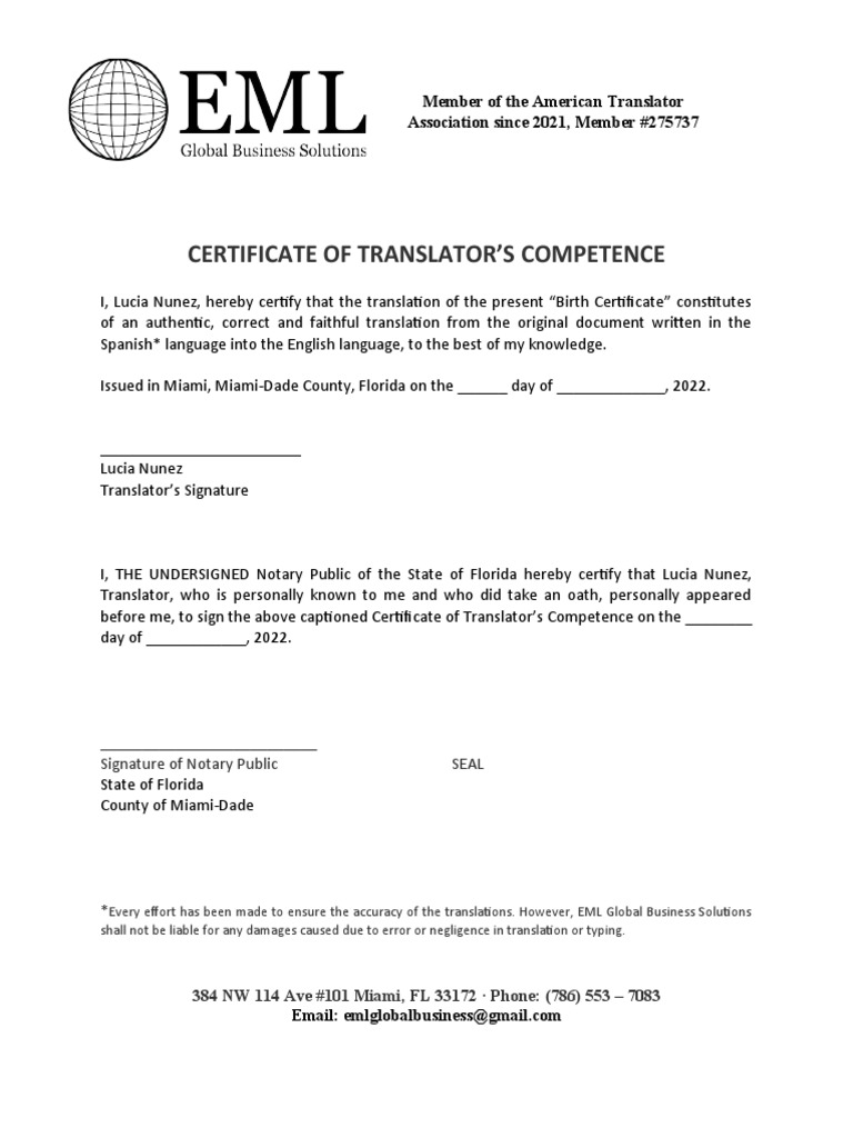 New Certificate of Translation | PDF
