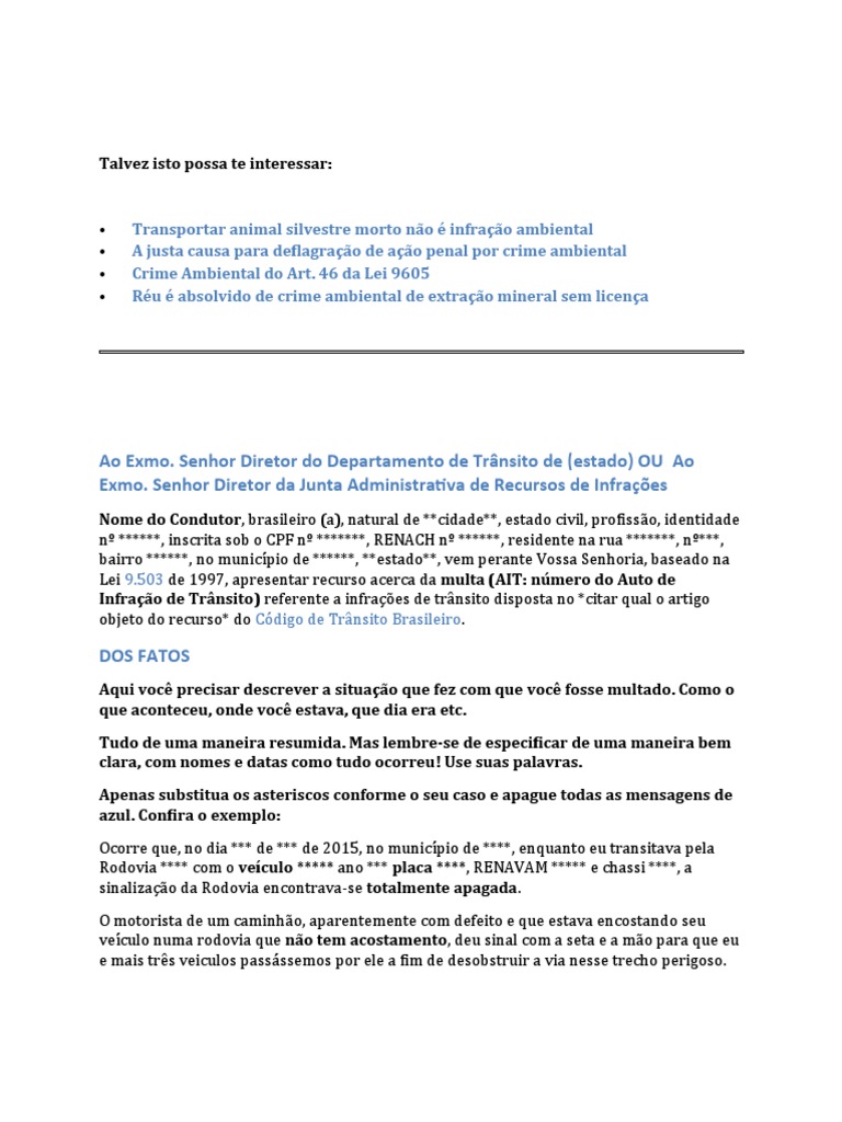 Modelo Defesa de Autuacao em Multa de Transito | PDF | Tráfego ...