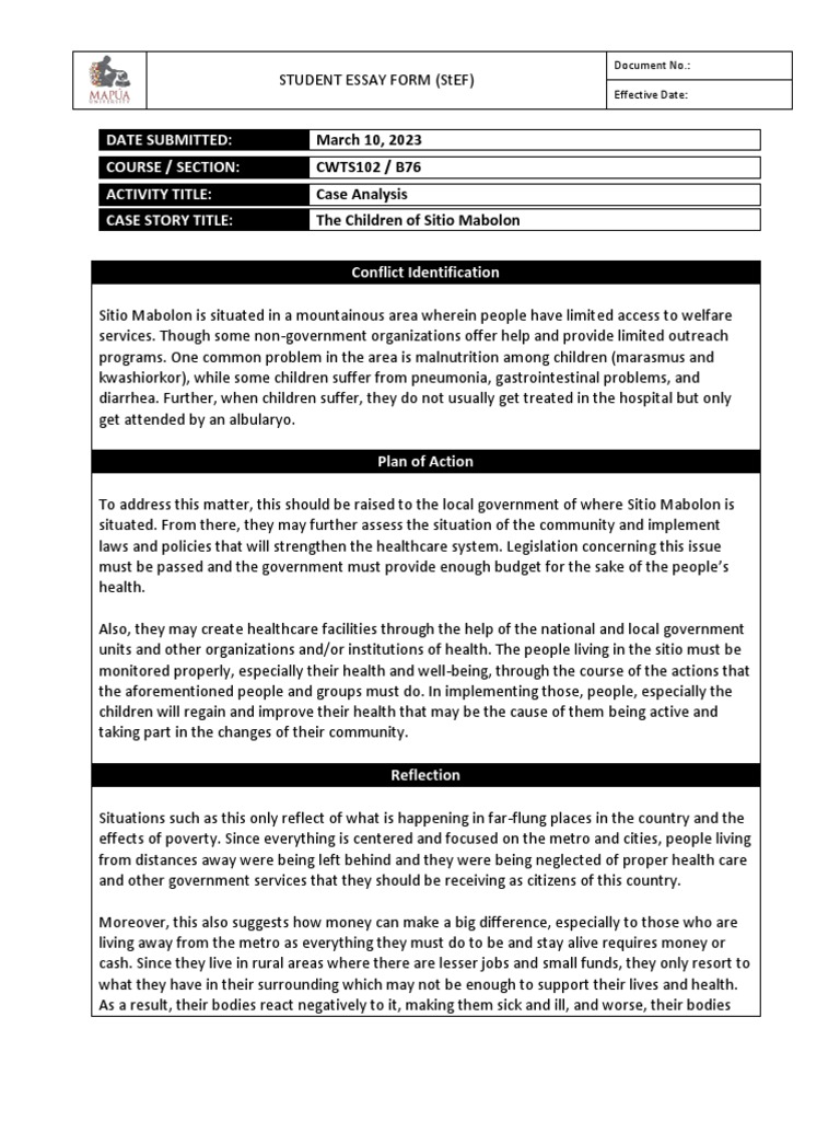 Case Analysis Essay The Children of Sitio Mabolon | PDF | Social ...