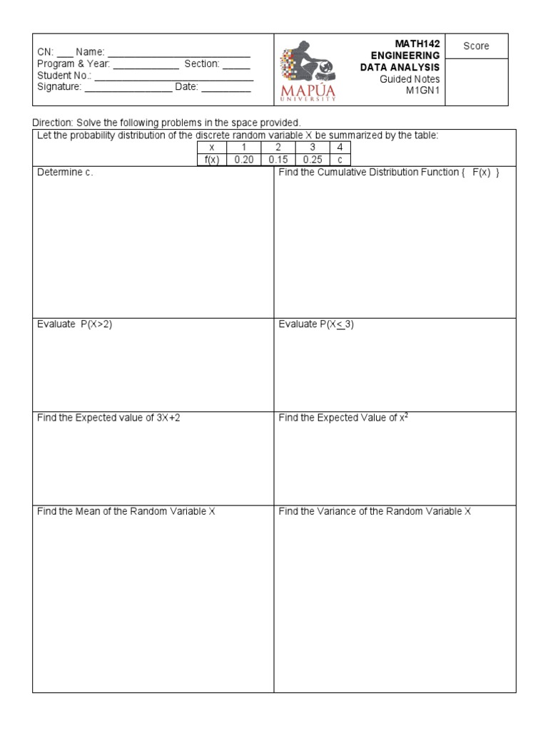 MATH142 Scorecard: Solving Probability and Statistics Problems Involving Discrete Random ...