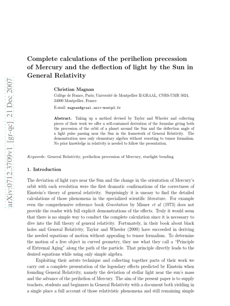 Mercury's Perihelion Precession Explained | PDF | General Relativity ...