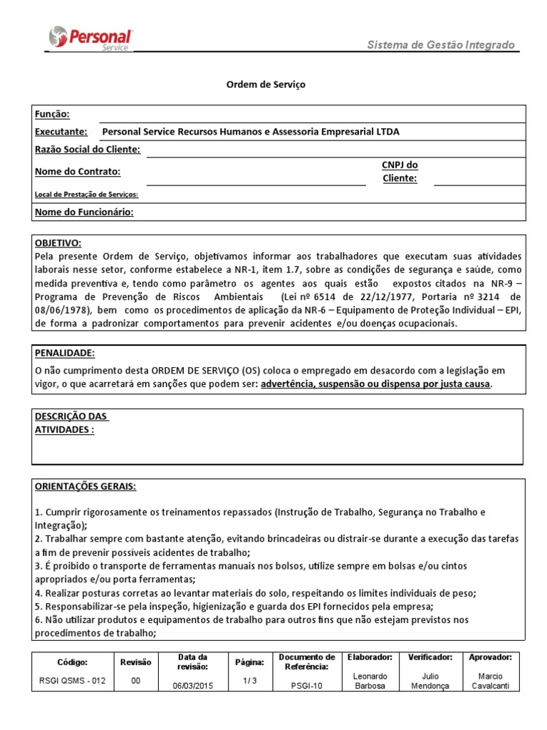 NR 01 - Ordem de Serviço | PDF | Segurança | Segurança e saúde ocupacional