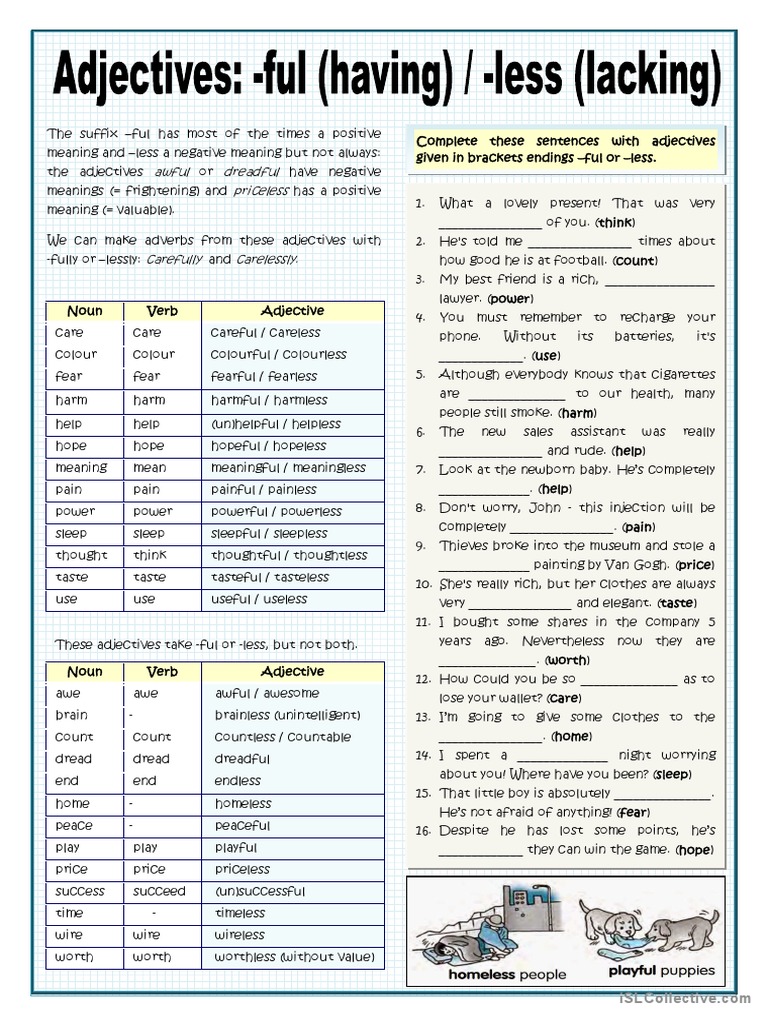 Adjectives Ending in - Ful or - Less | PDF | Adjective | Language Families