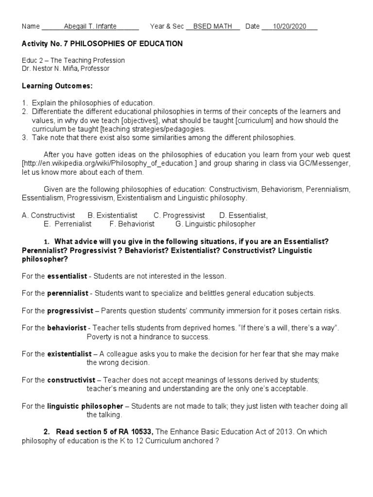 Educ 2 Ind Activity No. 7 Philosophies of Education | PDF | Constructivism (Philosophy Of ...