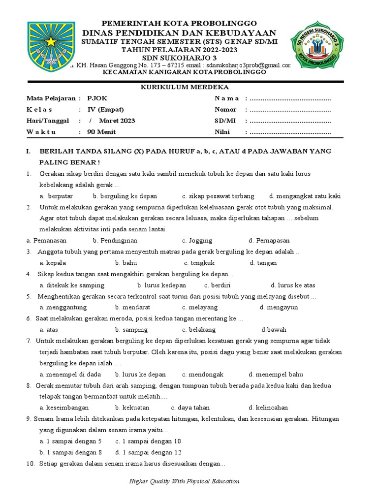 Soal PTS Pjok Genap Kelas 4 Semester 2 2022-2023 (Kurmer) | PDF