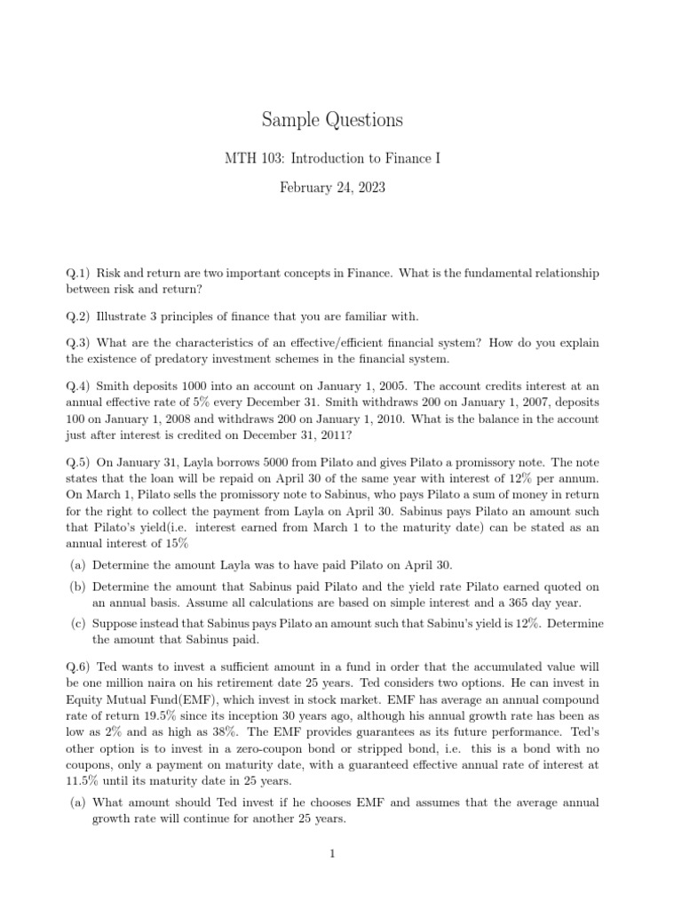 Intro Finance Questions | PDF | Interest | Bonds (Finance)