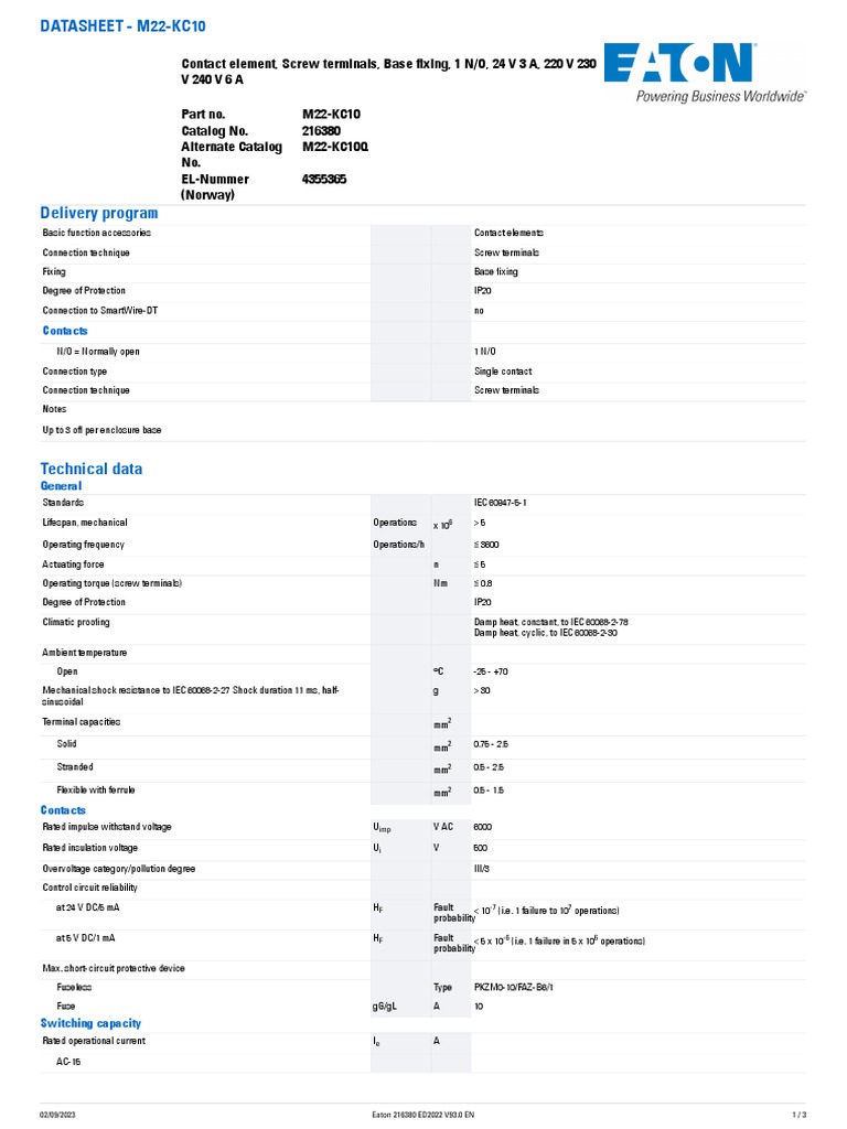 Eaton 216380 M22 KC10 en - GB | Download Free PDF | Insulator (Electricity) | Electrical ...