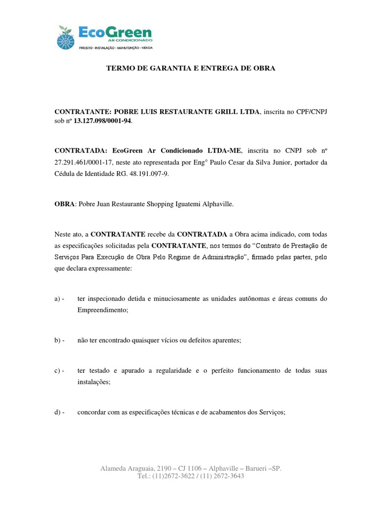 TERMO DE ENTREGA DE OBRA E GARANTIA ECOGREEN.pdf | PDF