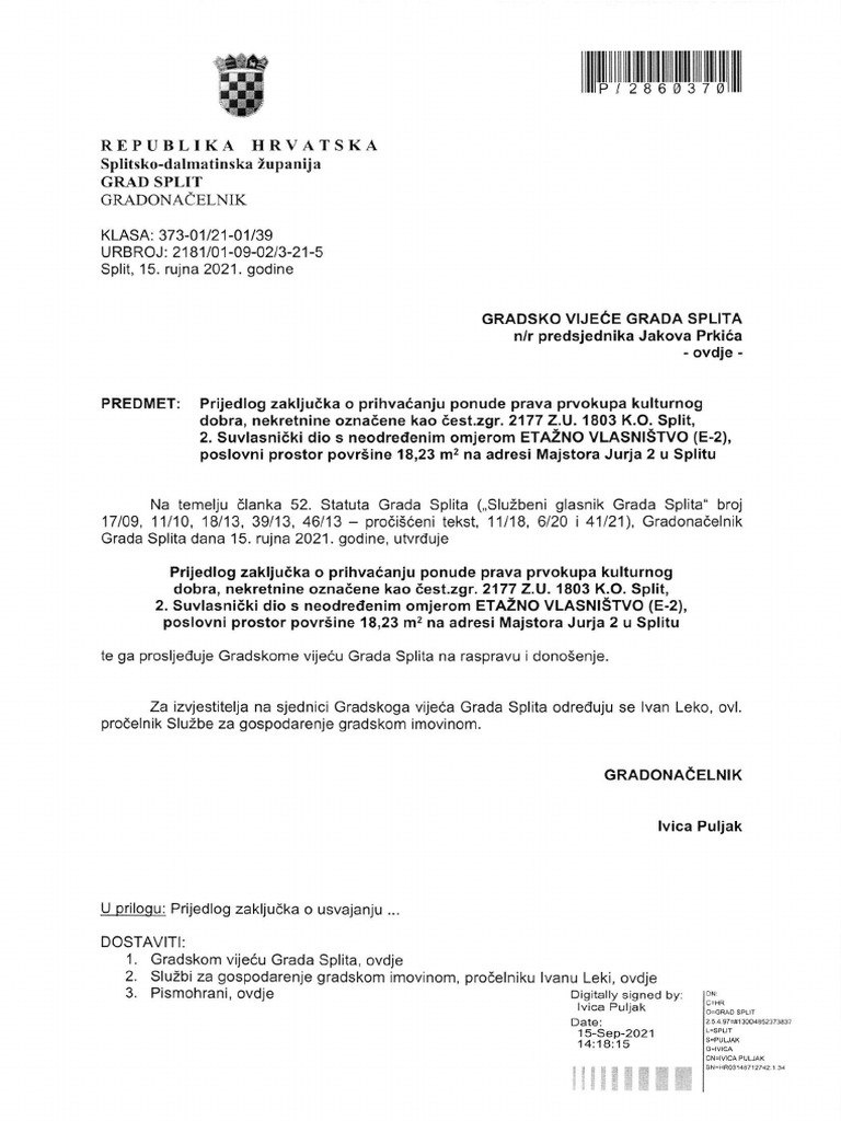 Prijedlog Zakljuka o Prihvaanju Ponude Prava Prvokupa Kulturnog Dobra Majstora Jurja 2 U Splitu ...
