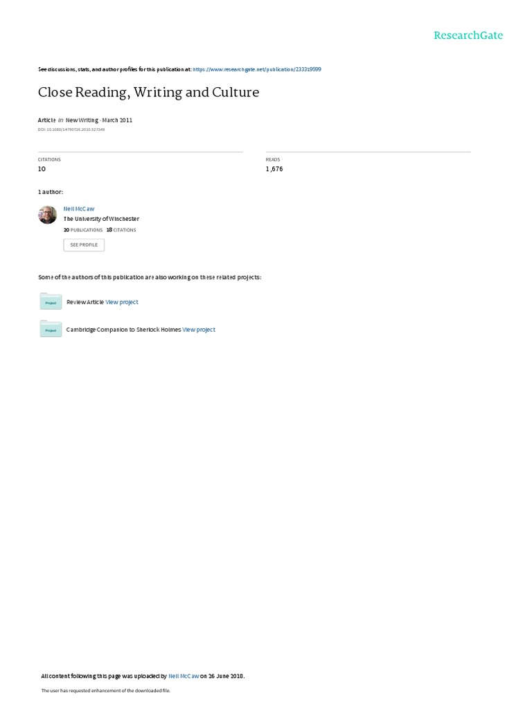 McCaw 2011 - Close Reading, Writing and Culture | PDF | Theory | Pedagogy