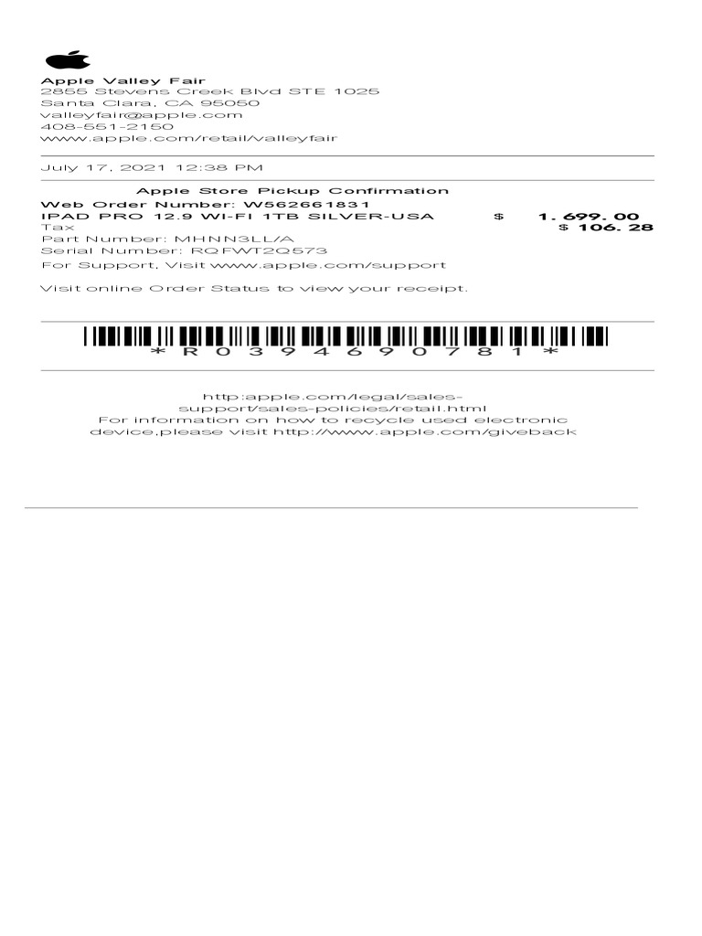 Apple Store Valley Fair Pickup Info | PDF