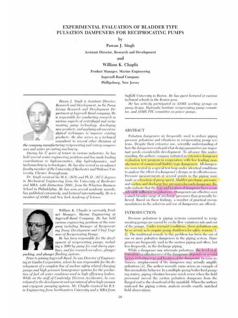 Experimental Evaluation of Bladder Type Pulsation Dampeners For ...