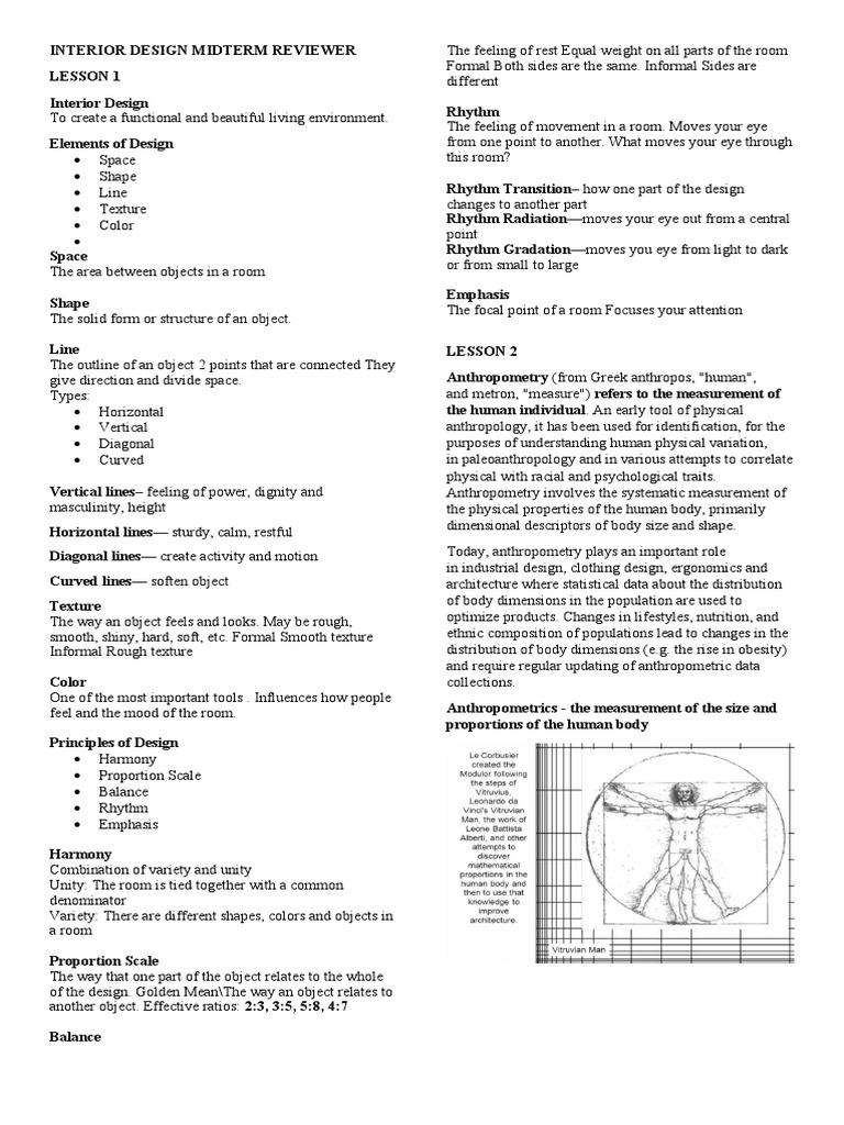 INTERIOR DESIGN MIDTERM REVIEWER | PDF | Design | Anthropometry