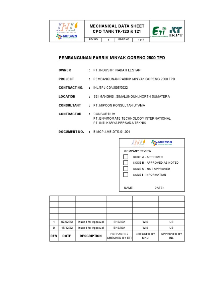 EIMGP-I-ME-DTS-01-001 - R1 Mechanical Data Sheet CPO Tank TK-120 TK-121 | PDF | Pipe (Fluid ...