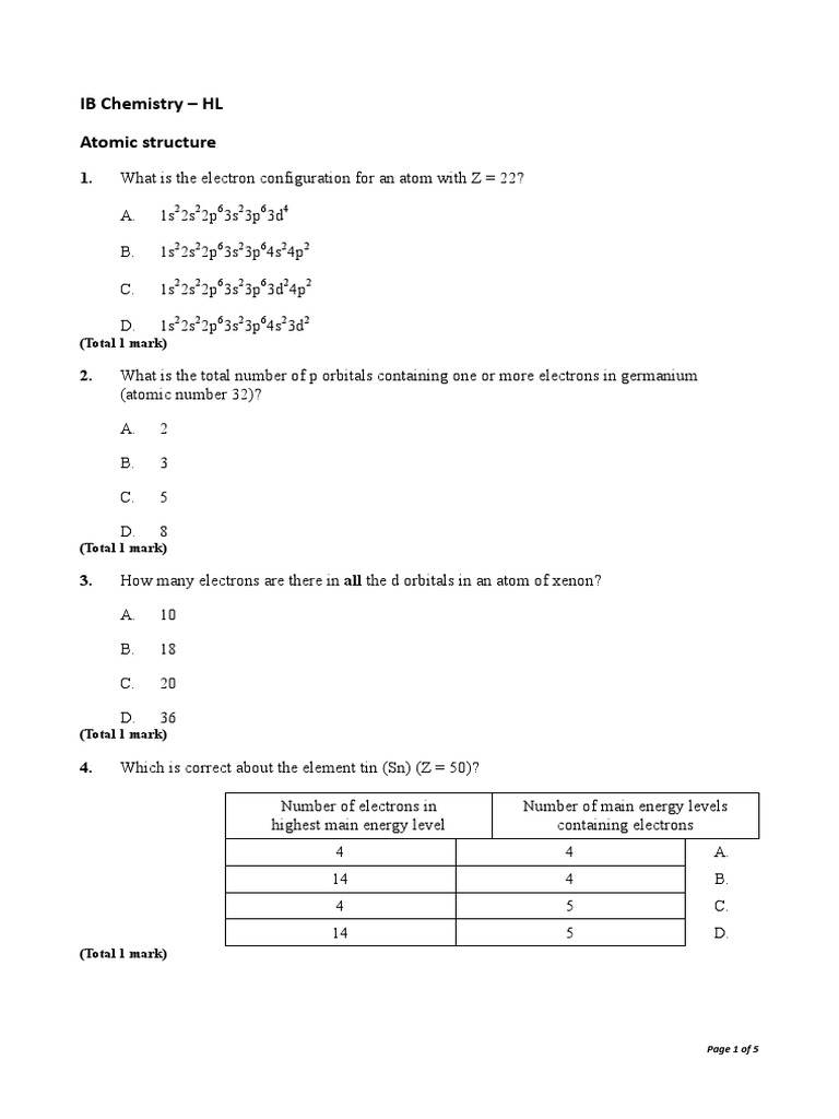 IB Chem HL Atomic Structure Questions | PDF | Electron Configuration ...