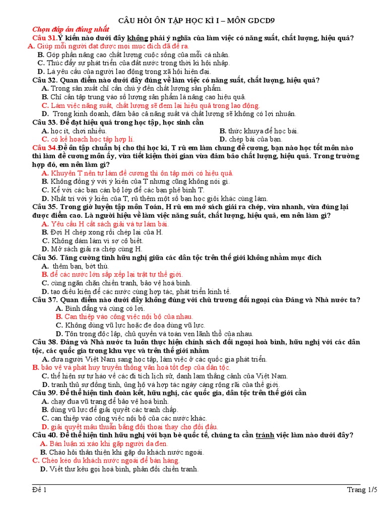 CÂU HỎI ÔN TẬP HỌC KÌ I - MÔN GDCD 9 | PDF
