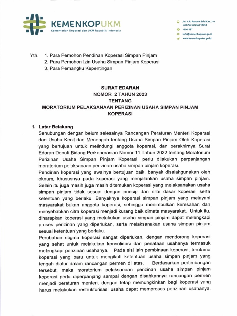 SE Nomor 2 Tahun 2023 Moratorium Pelaksanaan Perizinan Usaha Simpan ...