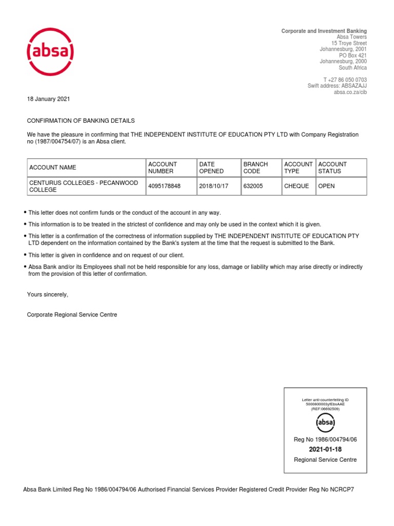 Absa Bank Account Confirmation Letter | PDF | Banks | Financial Services