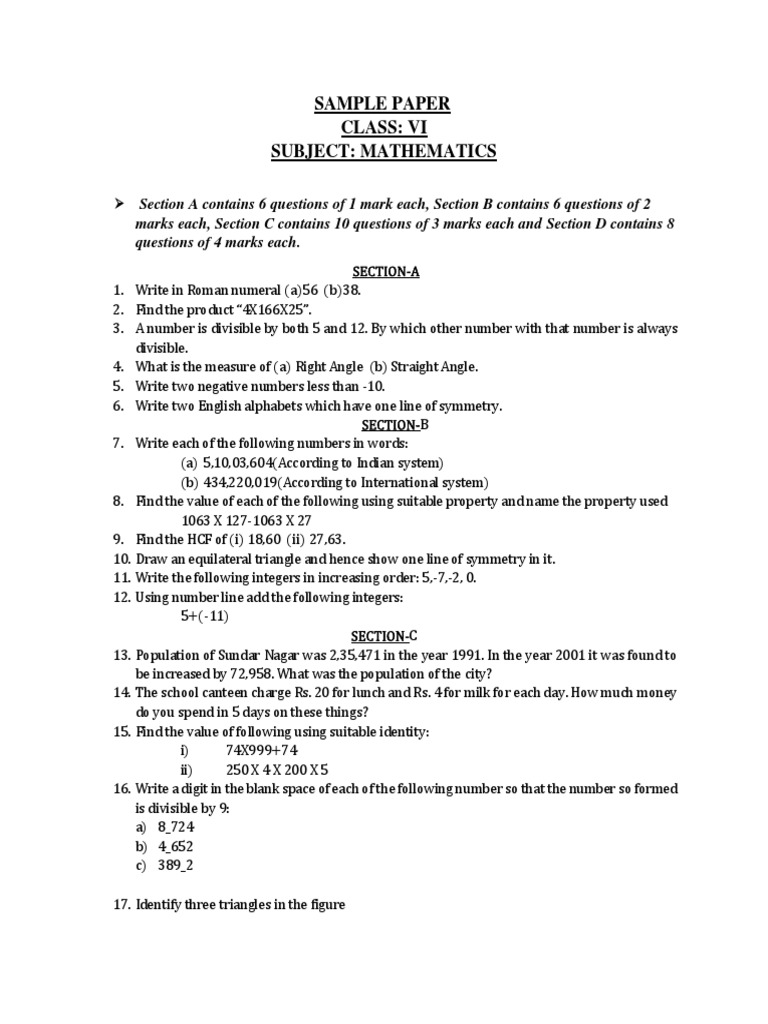 Class 6 Term 1 Maths Sample Paper | PDF | Rectangle | Numbers