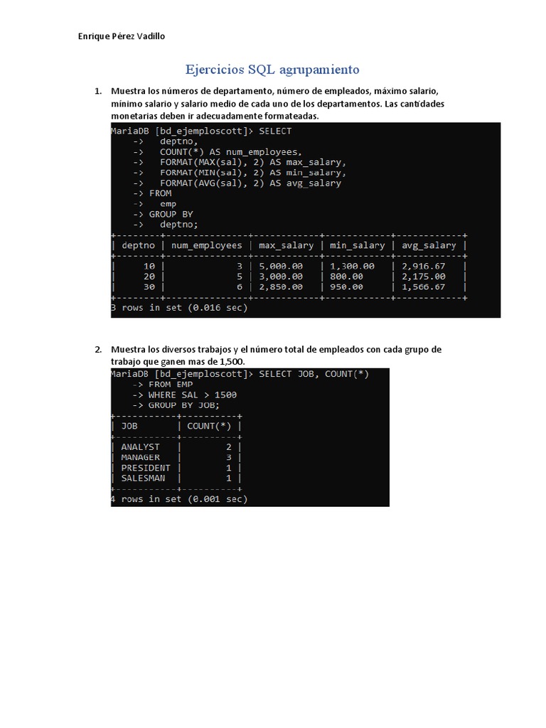 Ejercicios SQL Agrupamiento - Enrique | PDF