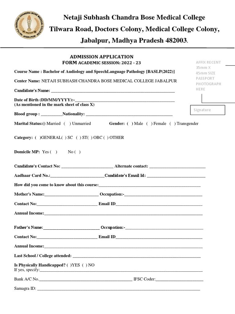 BASLP Admission Form 22-23 | PDF