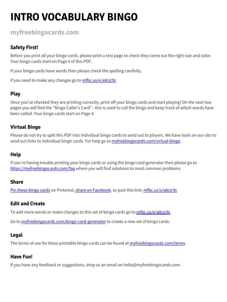 Intro Vocabulary Bingo | PDF