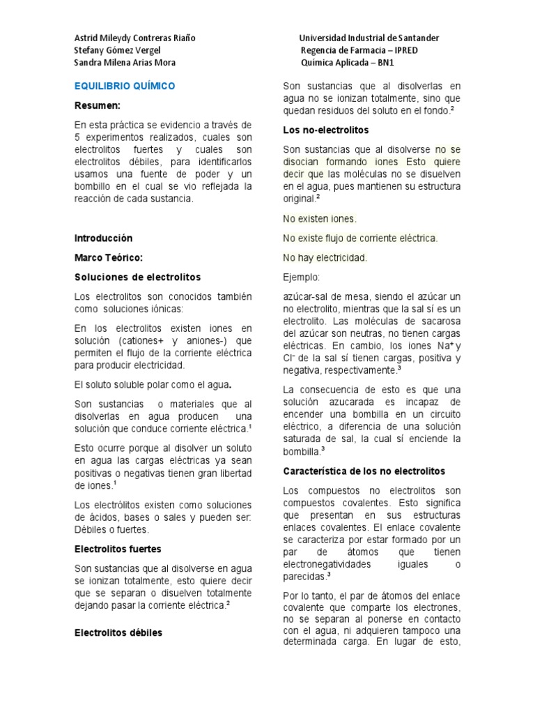 Experimentos de Electrolitos Fuertes y Débiles | PDF | Electrólito ...