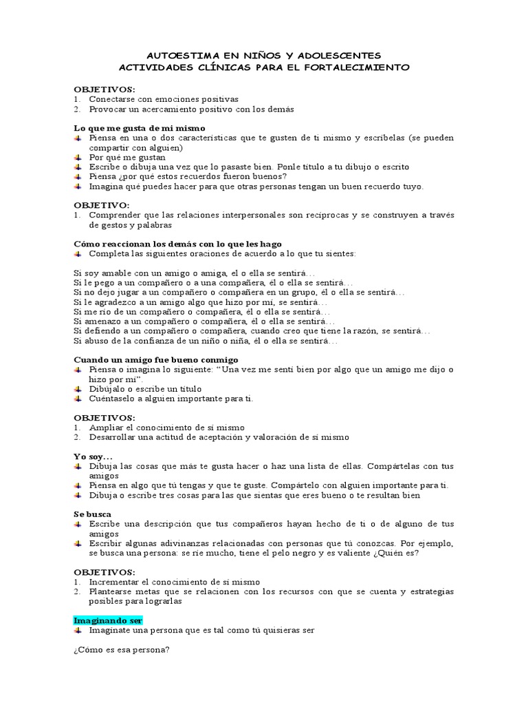 AUTOESTIMA EN NIÑOS Y ADOLESCENTES. Actividades Clínicas.2 | PDF ...