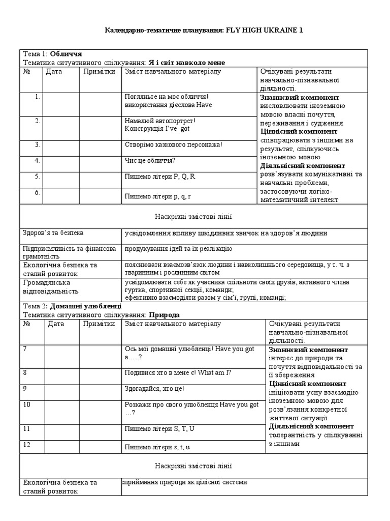 Календарно-тематичне планування: FLY HIGH UKRAINE 1 | PDF