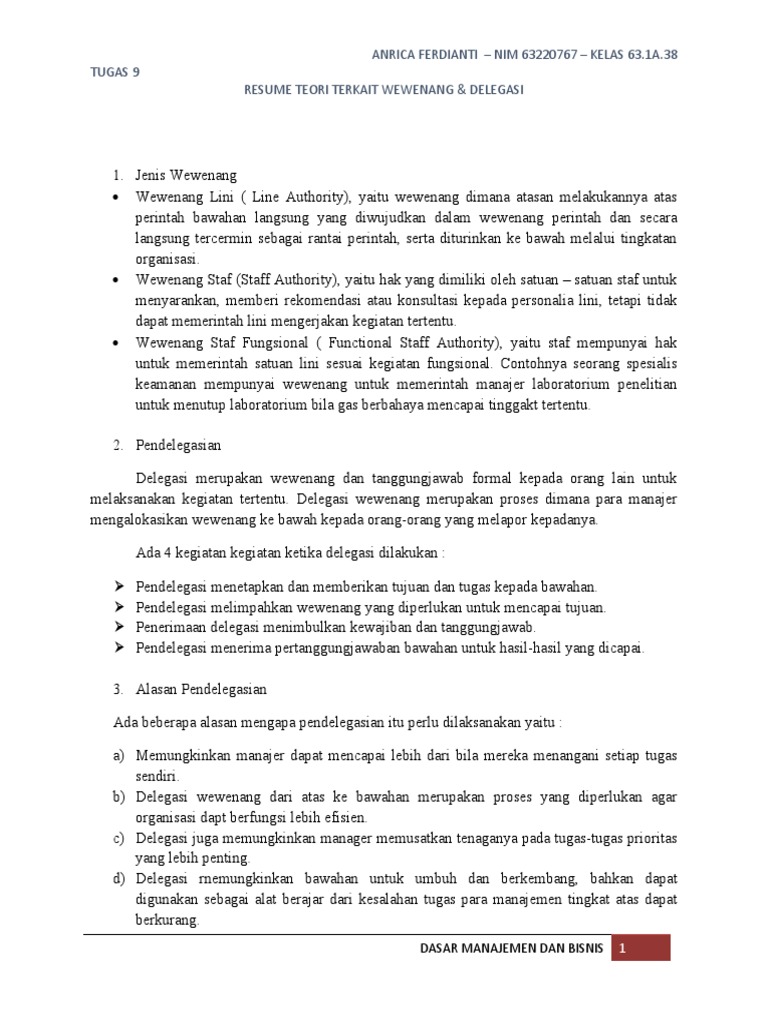 Wewenang dan Pendelegasian dalam Manajemen | PDF